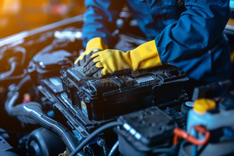 Mechanic Wearing Protective Gloves while Repairing a Car Engine in a ...