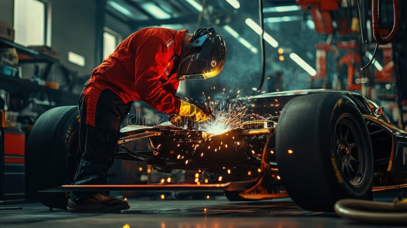 A Mechanic Welding a Race Car in a Workshop, Sparks Flying, Focused on ...
