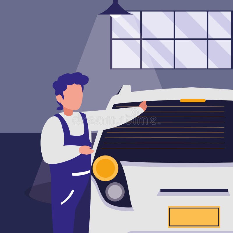 Mechanic Worker with Car in the Workshop Stock Vector - Illustration of ...