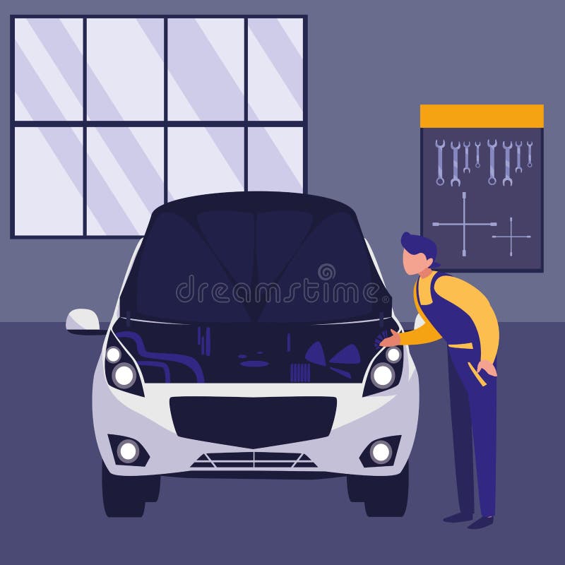 Mechanic Worker with Car in the Workshop Stock Vector - Illustration of ...