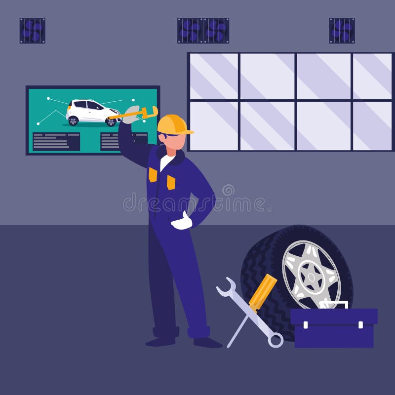 Mechanic Worker with Tire Car and Tools Stock Vector - Illustration of ...
