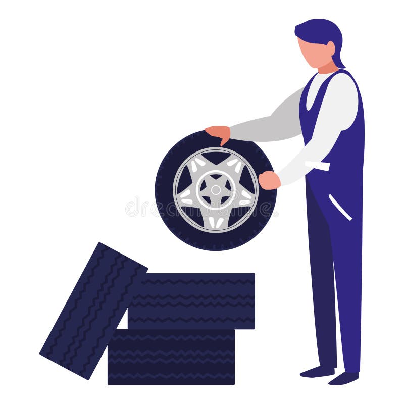 Mechanic Worker with Tires Car Stock Vector - Illustration of fist ...