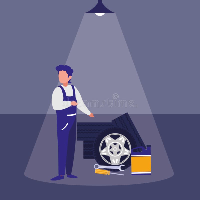 Mechanic Worker with Tires Car Stock Vector - Illustration of cartoon ...