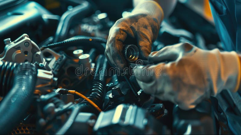Mechanic Working on a Car Engine Stock Image - Image of parts, blue ...