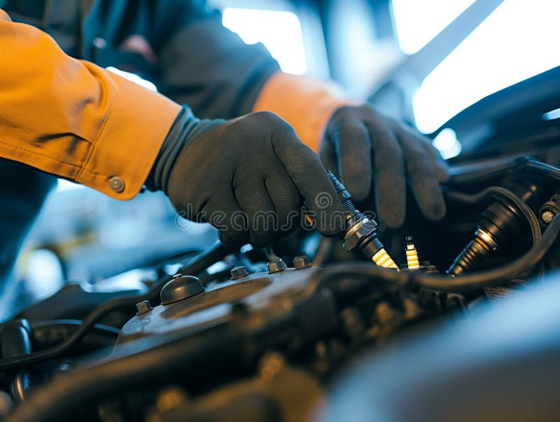 A Mechanic is Working on a Car Engine, Checking the Spark Plugs Stock ...