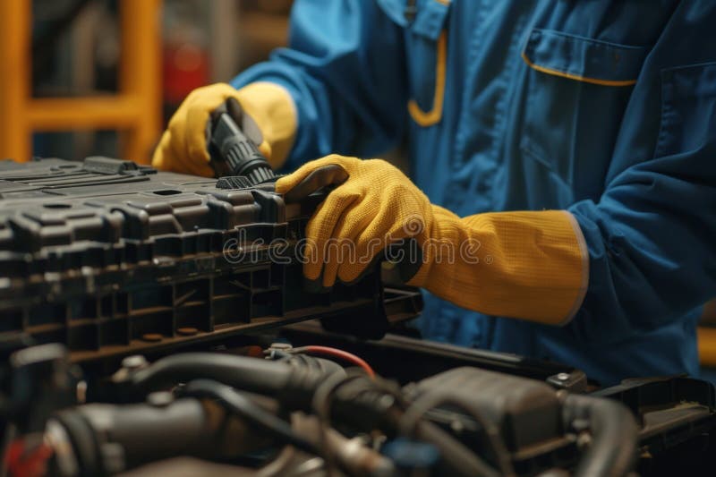 Mechanic Working on Car Engine in Workshop. Close-up of Hands Fixing ...