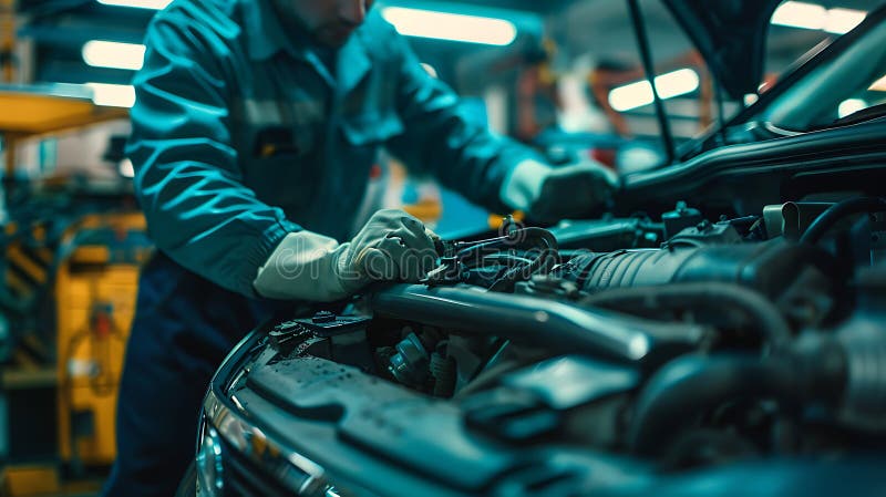 Mechanic Working on Car Engine in Garage, Automotive Engineering in ...