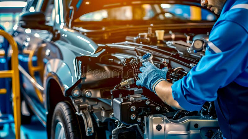 A Mechanic Working on a Car Engine in a Garage Stock Photo - Image of ...