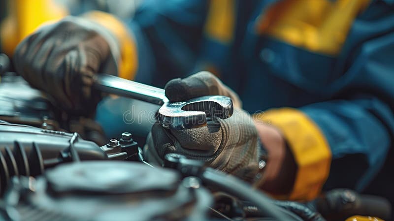 A Mechanic is Working on a Car Engine with a Wrench Stock Image - Image ...