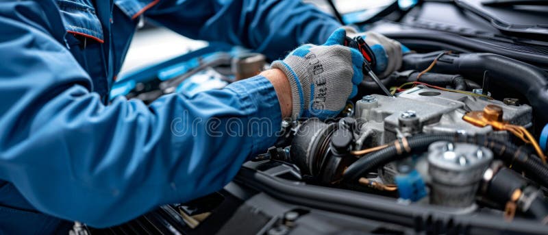 Mechanic Working on Car S Air Conditioning System in Garage Stock ...