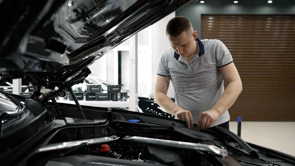 Mechanic Installing Components in Car Engine Bay Stock Photo - Image of ...
