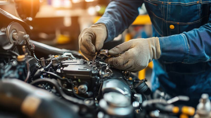 A Mechanic Working on an Engine, Adjusting Components with Precision ...