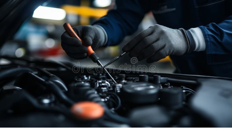 Mechanic Working on Engine in Auto Shop Stock Illustration ...