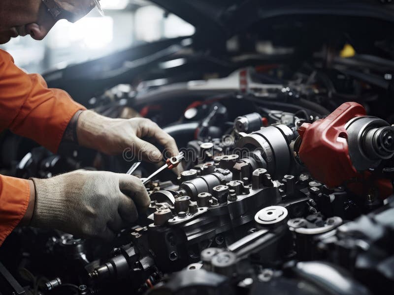 Mechanic Working with Engine in Garage, Original Photoset Stock ...