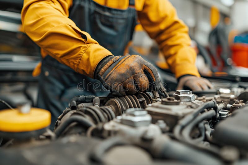 Mechanic Working on Engine in the Workshop with Tools. Stock Photo ...