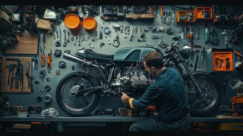 A Mechanic Working on a Motorcycle in a Well-equipped Workshop Filled ...