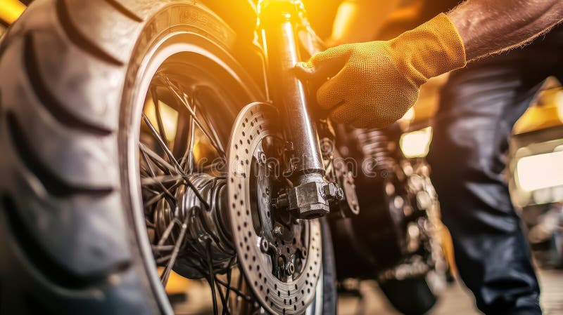 A Mechanic Working on a Motorcycle Wheel in a Workshop, Focusing on ...