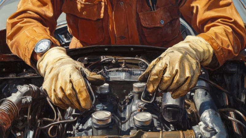 Mechanic Working on Vintage Engine Detail Stock Illustration ...