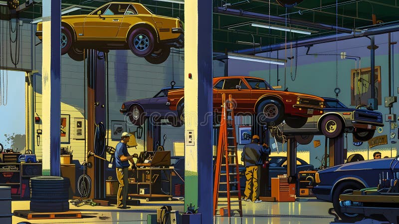 A Mechanic Works on a Car on a Lift in a Well-lit Garage. Stock ...