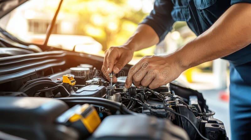 A Mechanic Works on a Car S Engine, Using Tools for Maintenance and ...