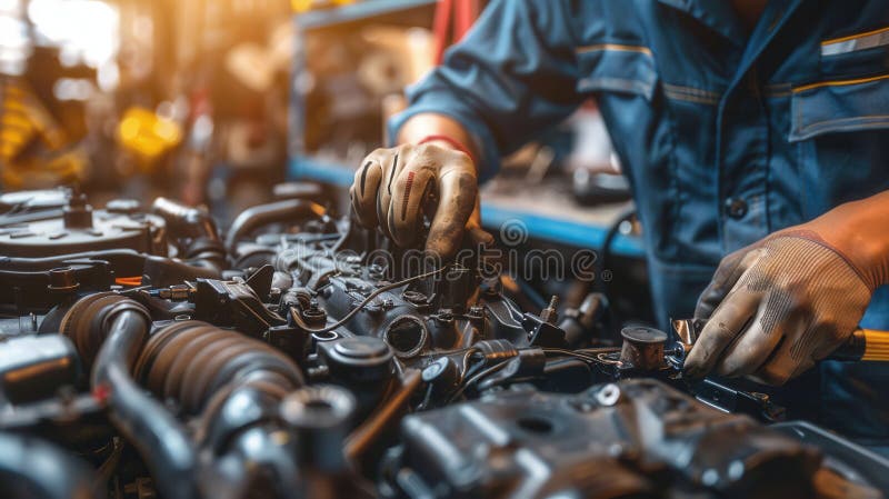 The Mechanic Works Diligently on a Car Engine, Using Diagnostic ...