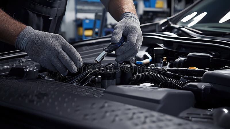 Car Maintenance Involves a Mechanic Using Tools To Inspect the Engine ...