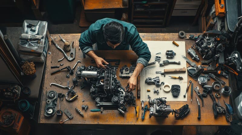 A Mechanic Works on an Engine Amidst Various Tools and Parts on a ...