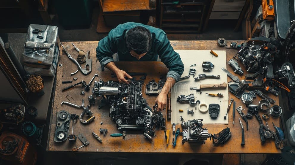 A Mechanic Works on an Engine Amidst Various Tools and Parts on a ...