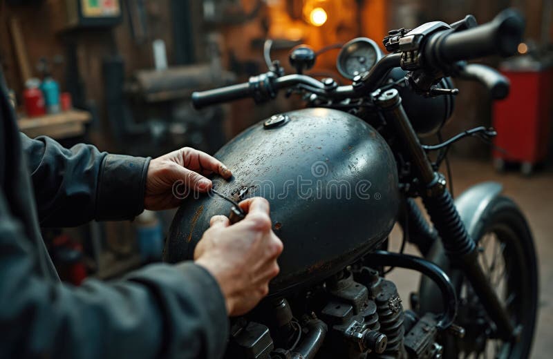 Mechanic Works on Motorcycle Engine in Garage. Man Fixes Vehicle Using ...