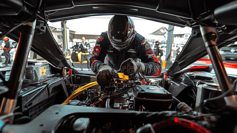 A Mechanic Works on a Race Car Engine in a Pit Area, Preparing for a ...
