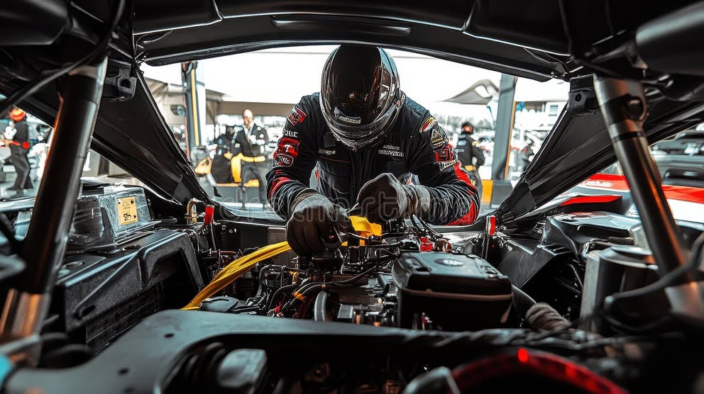 A Mechanic Works on a Race Car Engine in a Pit Area, Preparing for a ...