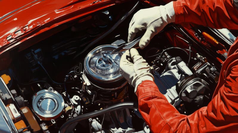 Mechanic Works on a Red Car Engine Stock Illustration - Illustration of ...