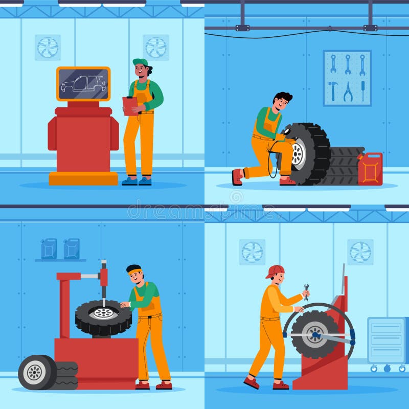 Mechanic Workshop Activities in Four Panels Stock Vector - Illustration ...