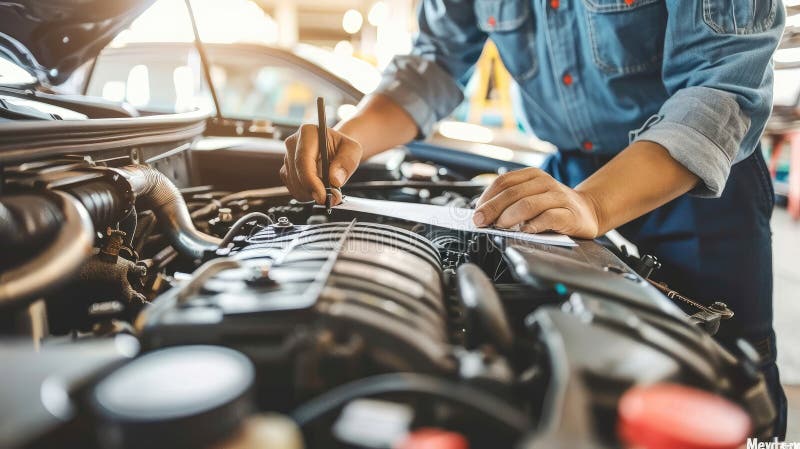 A Mechanic is Writing on a Car Engine Stock Photo - Image of motor ...