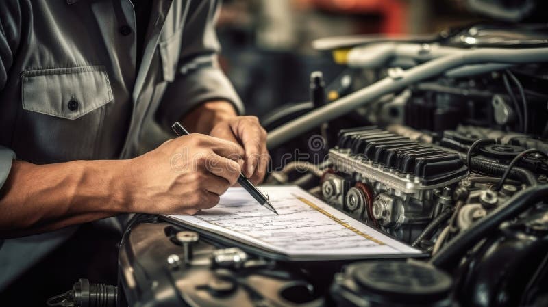 Mechanic is Writing on a Clipboard in Front of a Car Engine Stock ...