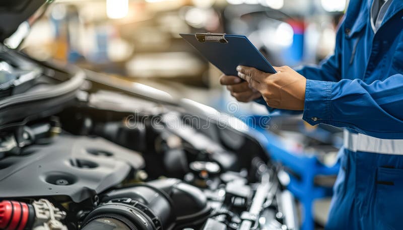 Mechanic is Writing on a Clipboard while Looking at a Car Engine. Stock ...
