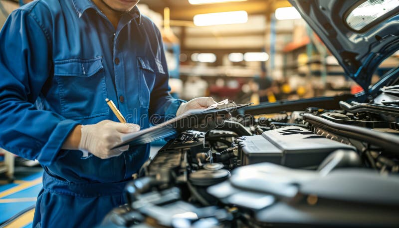 Mechanic is Writing on a Clipboard while Looking at a Car Engine. Stock ...
