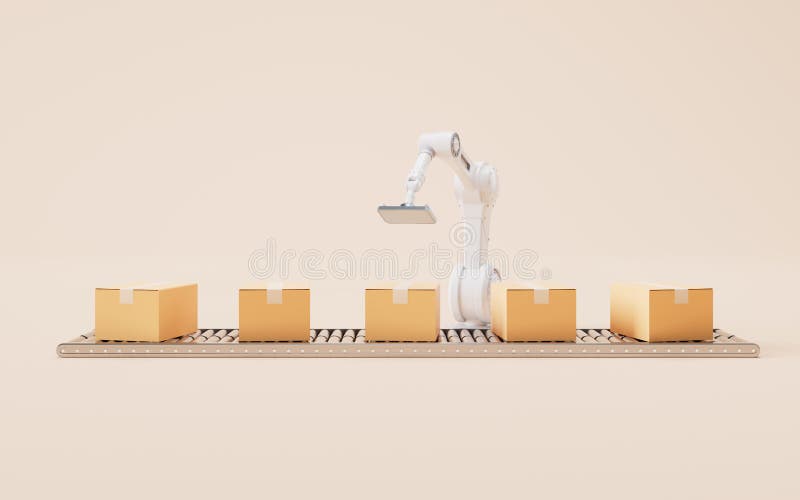 Mechanical Arm and Cardboard Box, 3d Rendering Stock Illustration ...