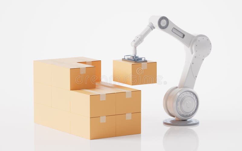 Mechanical Arm and Cardboard Box, 3d Rendering Stock Illustration ...