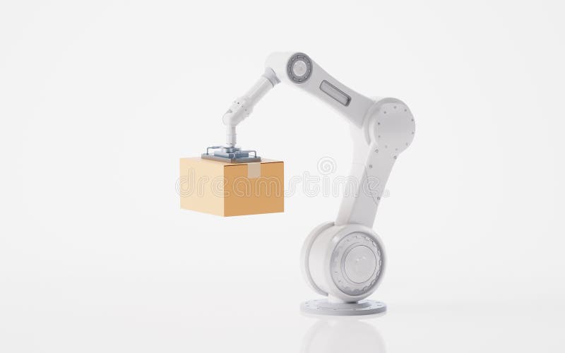 Mechanical Arm and Cardboard Box, 3d Rendering Stock Illustration ...