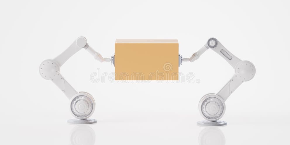 Mechanical Arm and Cardboard Box, 3d Rendering Stock Illustration ...