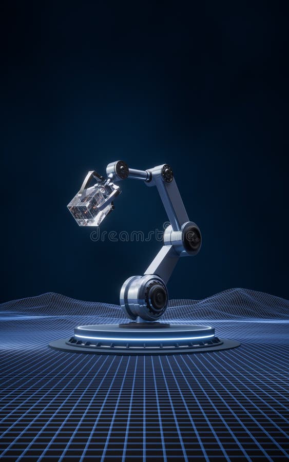 Mechanical Arm and Digital Grid Space, 3d Rendering Stock Illustration ...