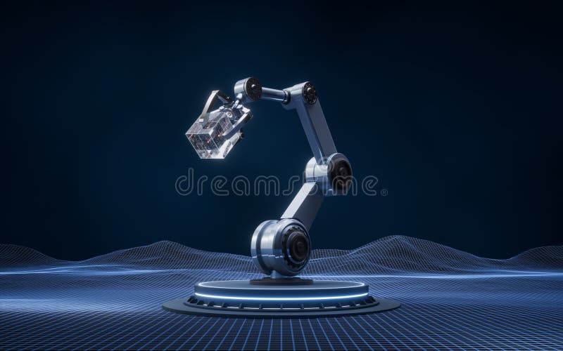 Mechanical Arm and Digital Grid Space, 3d Rendering Stock Illustration ...
