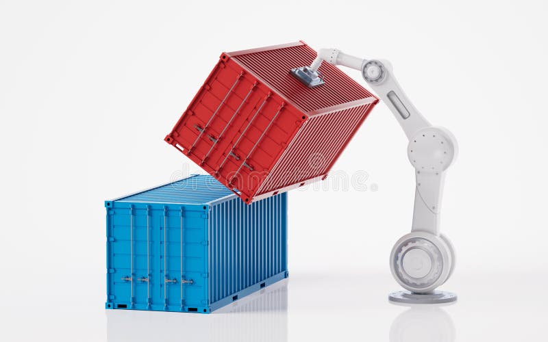 Mechanical Arm and Industry Container, 3d Rendering Stock Illustration ...