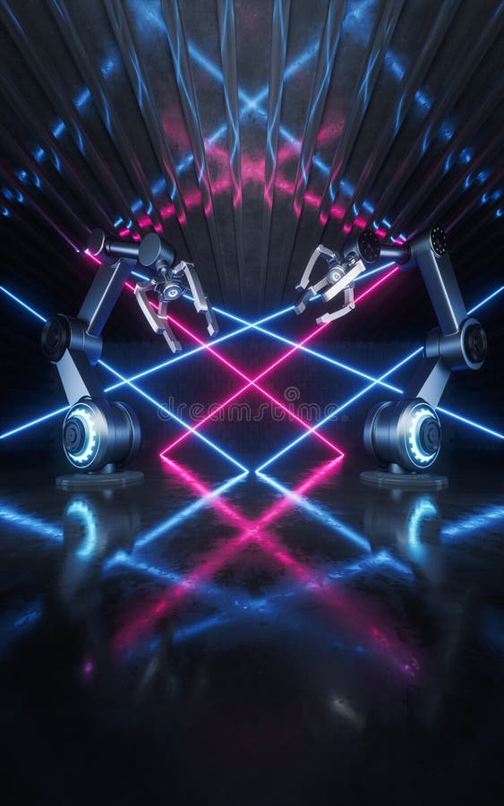 Mechanical Arm with Neon Lines, 3d Rendering Stock Illustration ...