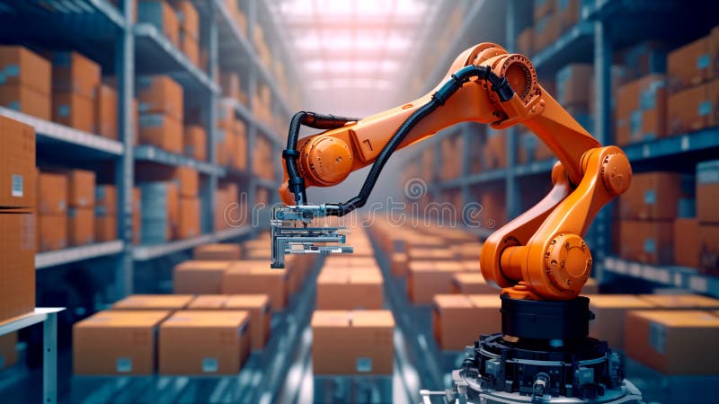 Mechanical Arm Working in Futuristic Warehouse with Packages ...