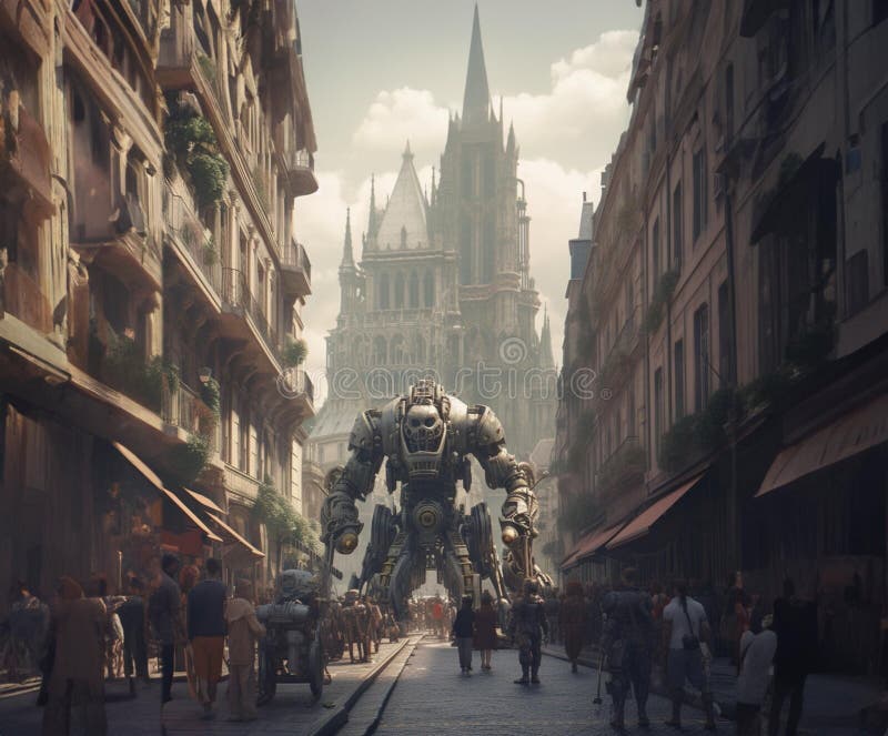Mechanical Automaton Standing in a Bustling Urban Environment, AI ...