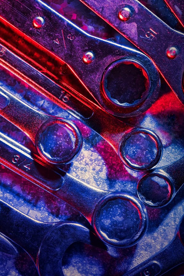 Mechanical or Automobile Repair Tools Illuminated in Red and Blue Stock ...
