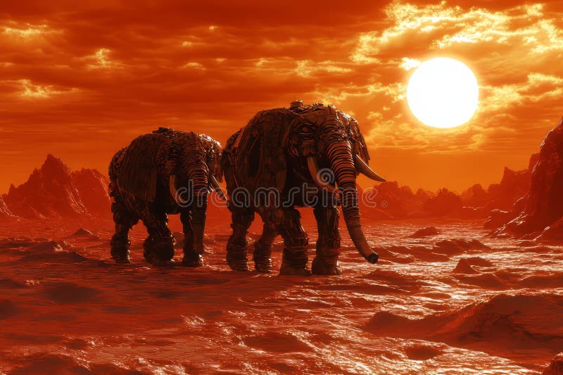 Mechanical Beings Journey through a Savanna at Sunset Stock Photo ...