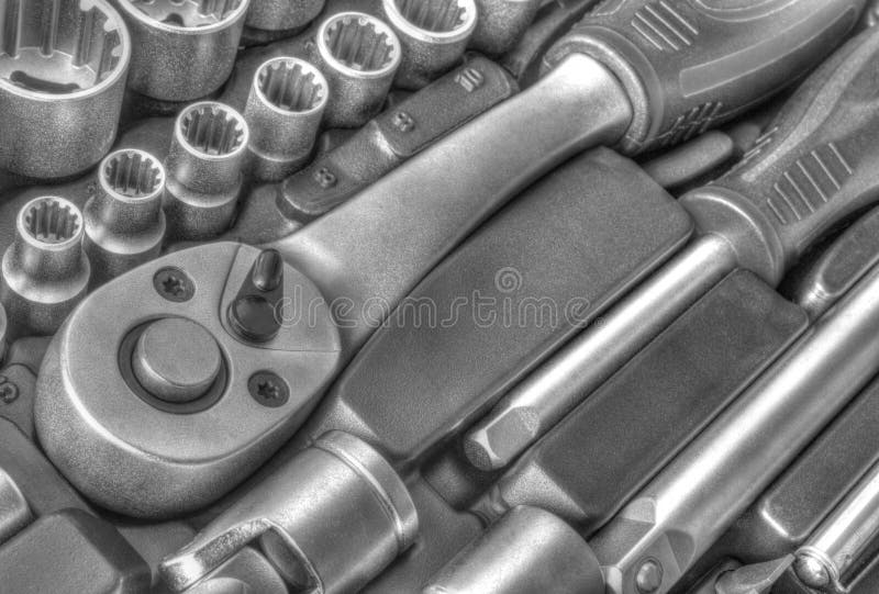 Mechanical Bit Tool Set in Black and White Stock Image - Image of ...